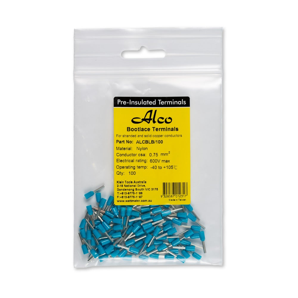 Bootlace Terminal Pre-Insulated Blue 0.75mm² Length 8mm 100 Pack | Alco