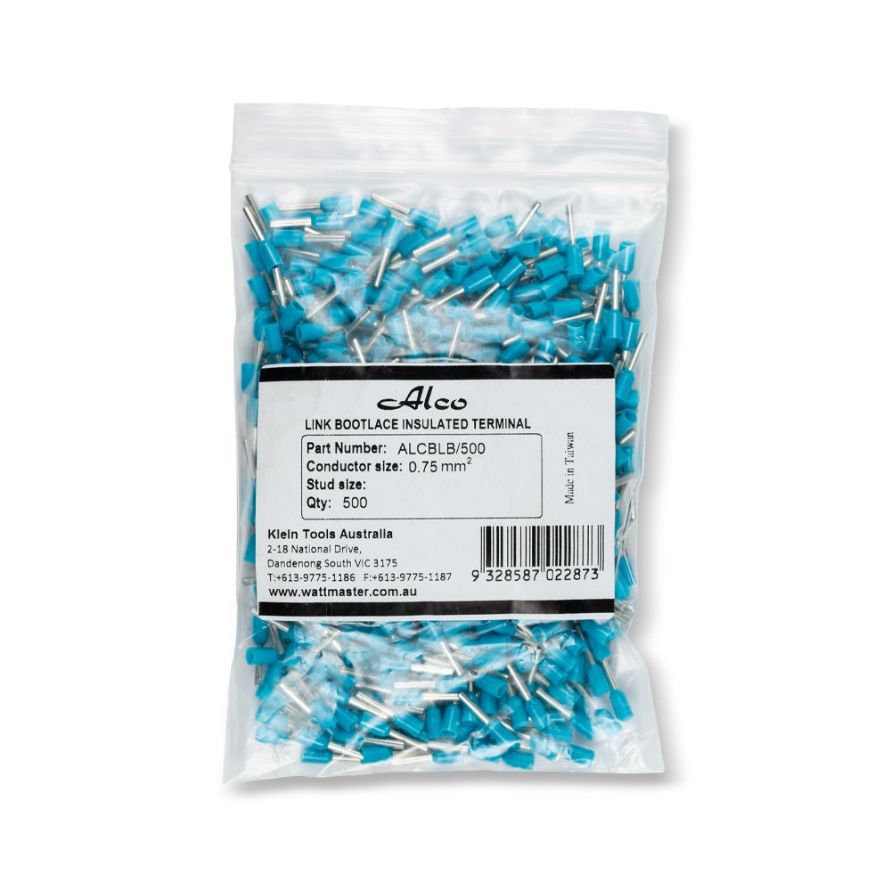 Bootlace Terminal Pre-Insulated Blue 0.75mm² Length 8mm 500 Pack | Alco