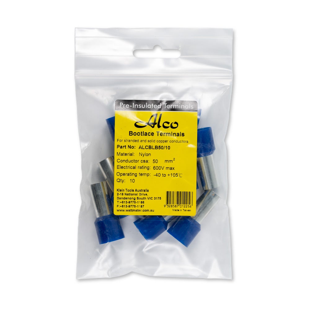 Bootlace Terminal Pre-Insulated Blue 50mm² Length 20mm 10 Pack | Alco