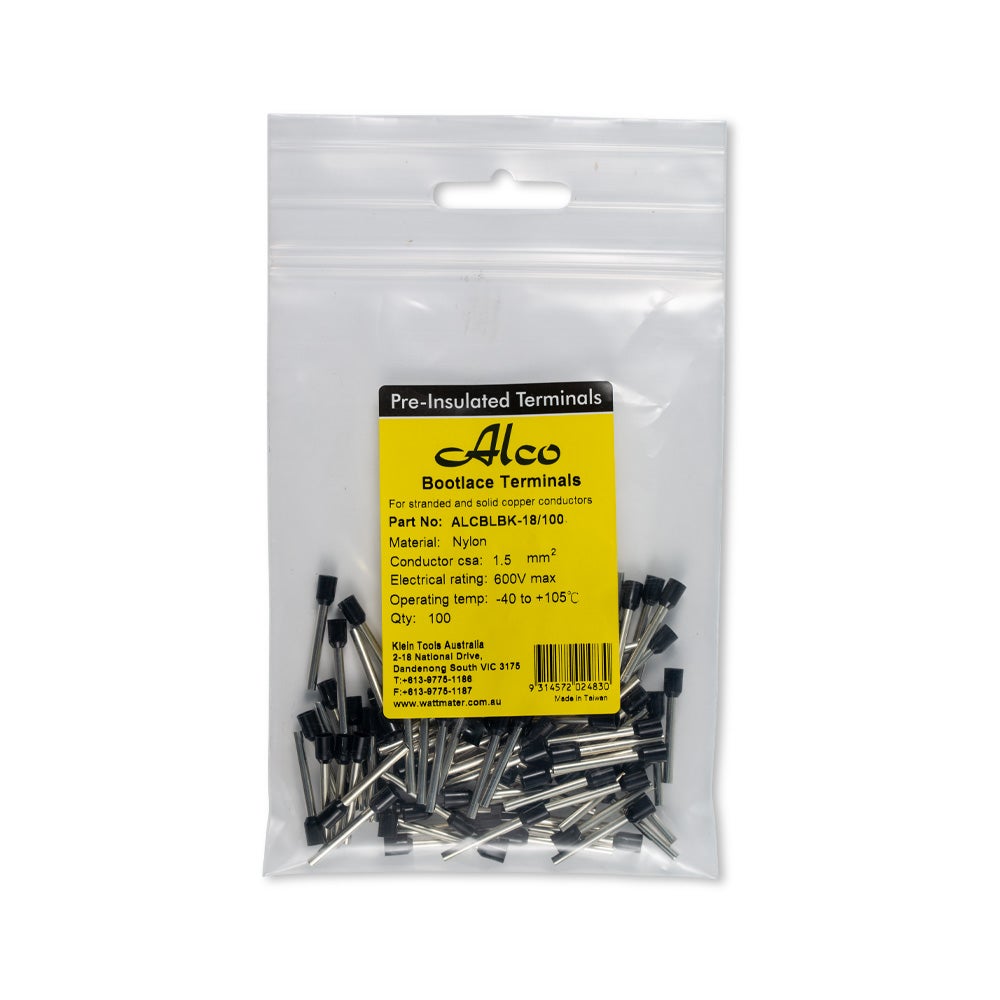 Bootlace Terminal Pre-Insulated Black 1.5mm² Length 18mm 100 Pack | Alco
