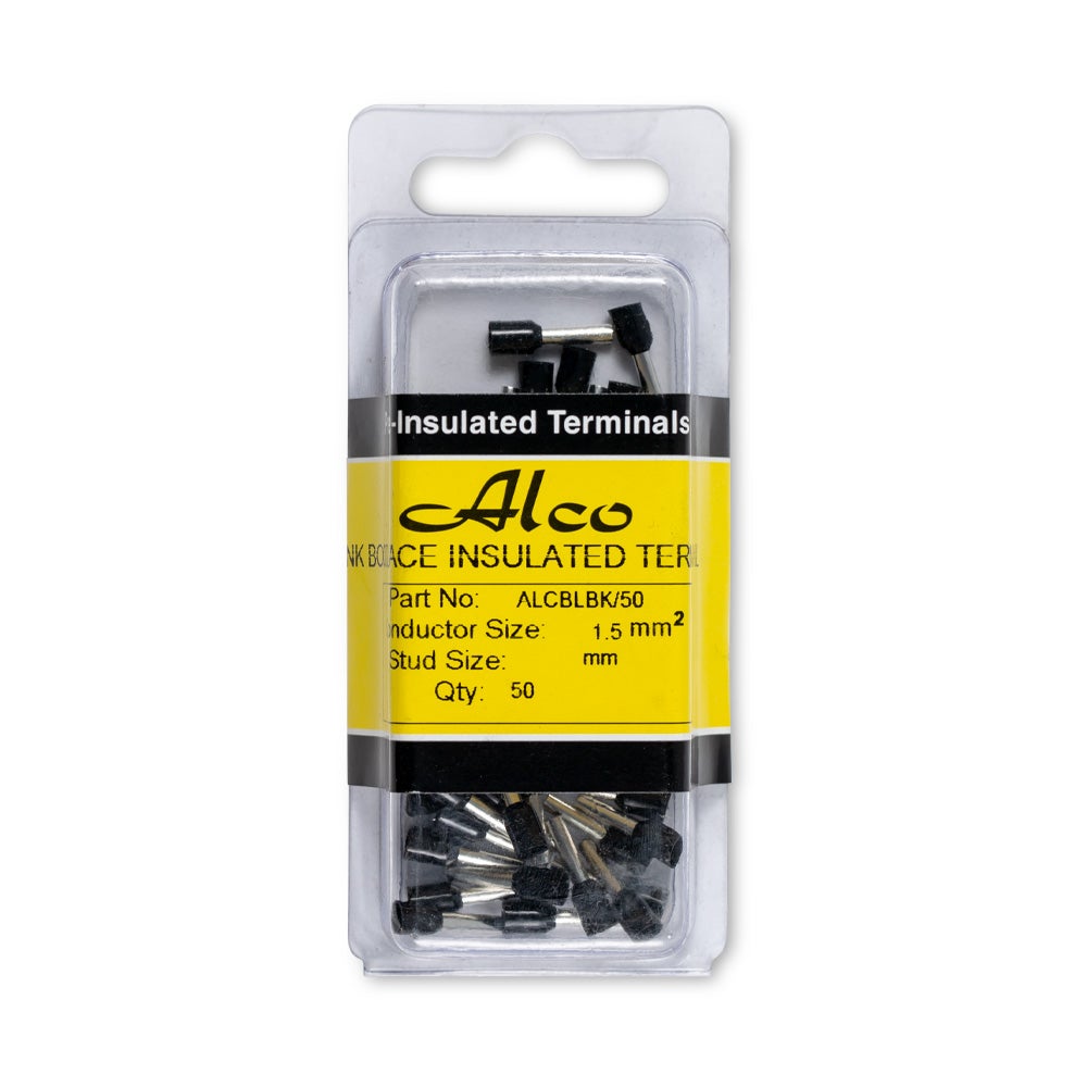 Bootlace Terminal Pre-Insulated Black 1.5mm² Length 8mm 50 Pack | Alco