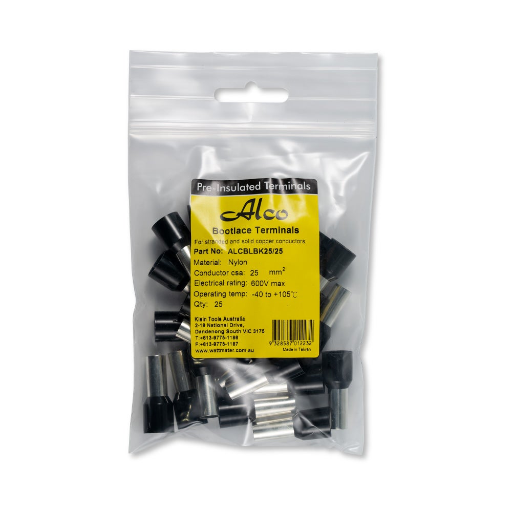 Bootlace Terminal Pre-Insulated Black 25mm² Length 16mm 25 Pack | Alco