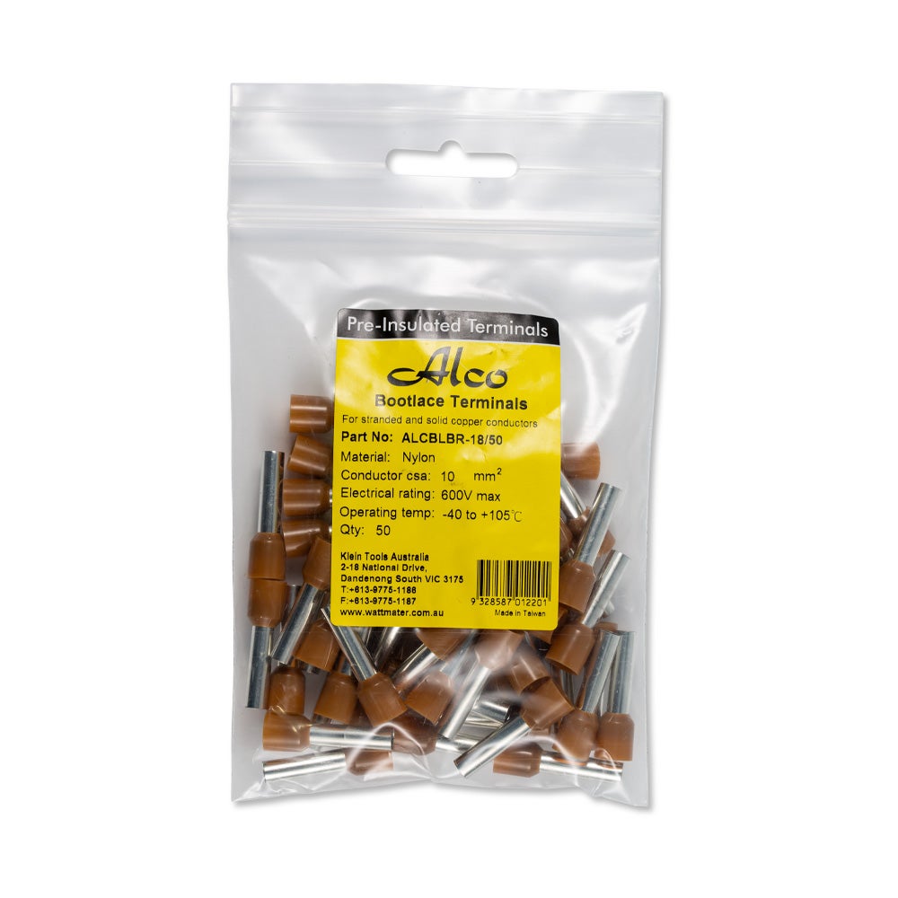 Bootlace Terminal Pre-Insulated Brown 10mm² Length 18mm 50 Pack | Alco