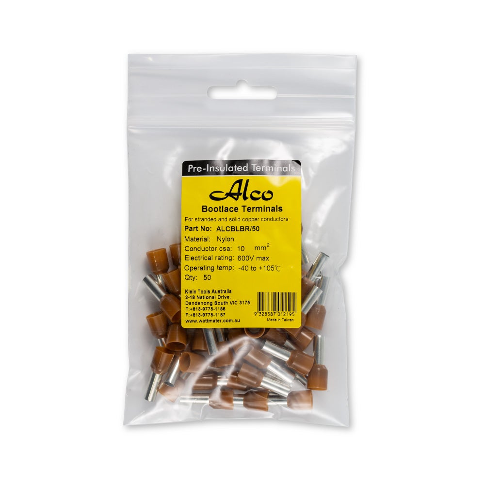 Bootlace Terminal Pre-Insulated Brown 10mm² Length 12mm 50 Pack | Alco