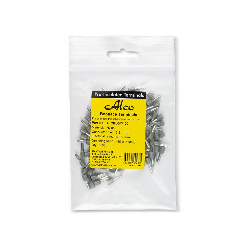 Bootlace Terminal Pre-Insulated Grey 2.5mm² Length 8mm 100 Pack | Alco