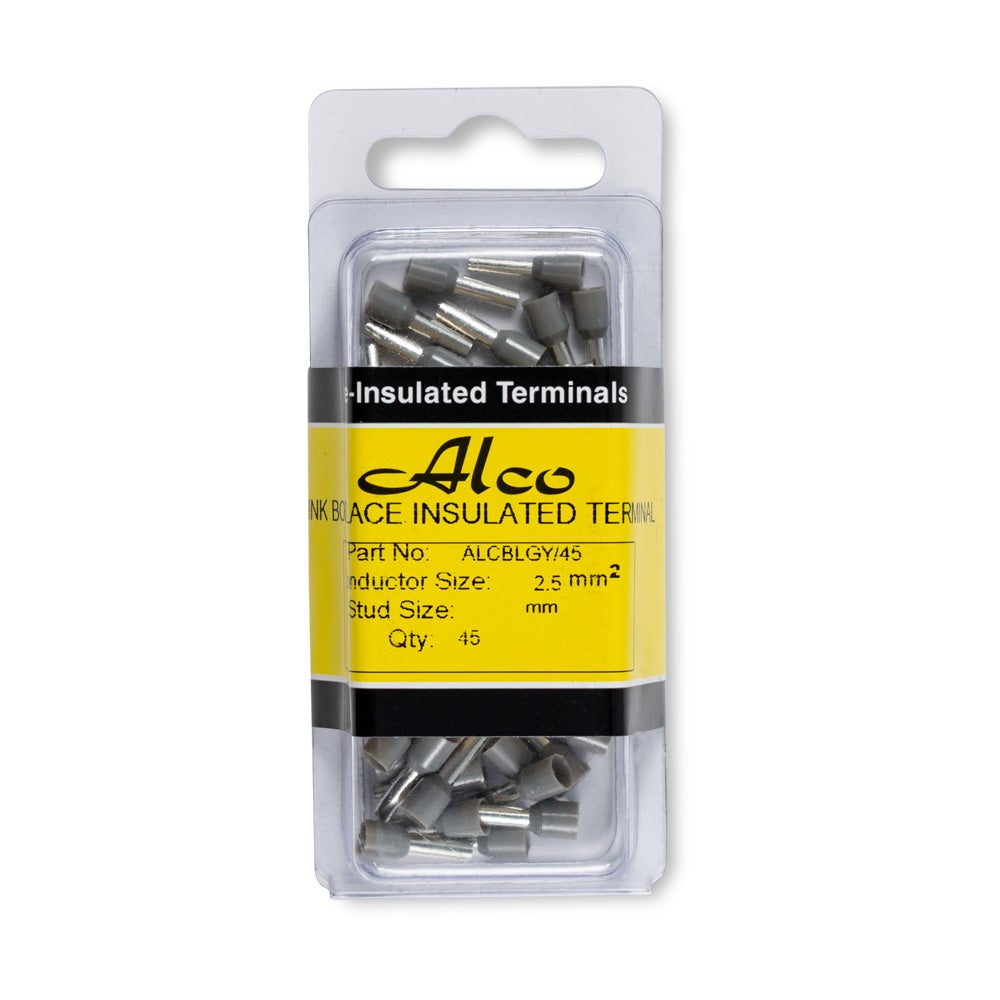 Bootlace Terminal Pre-Insulated Grey 2.5mm² Length 8mm 45 Pack | Alco