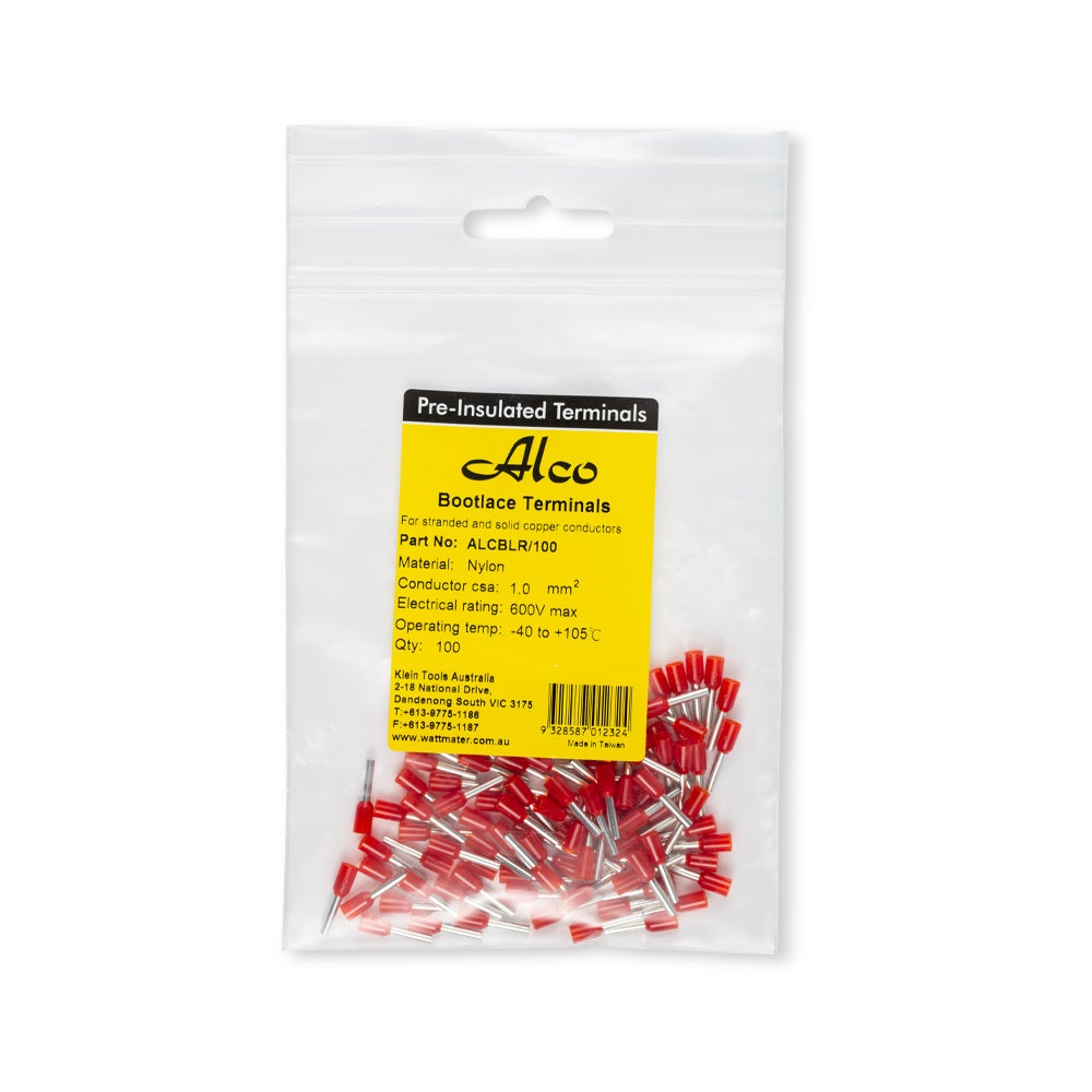 Bootlace Terminal Pre-Insulated Red 1mm² Length 8mm 100 Pack | Alco