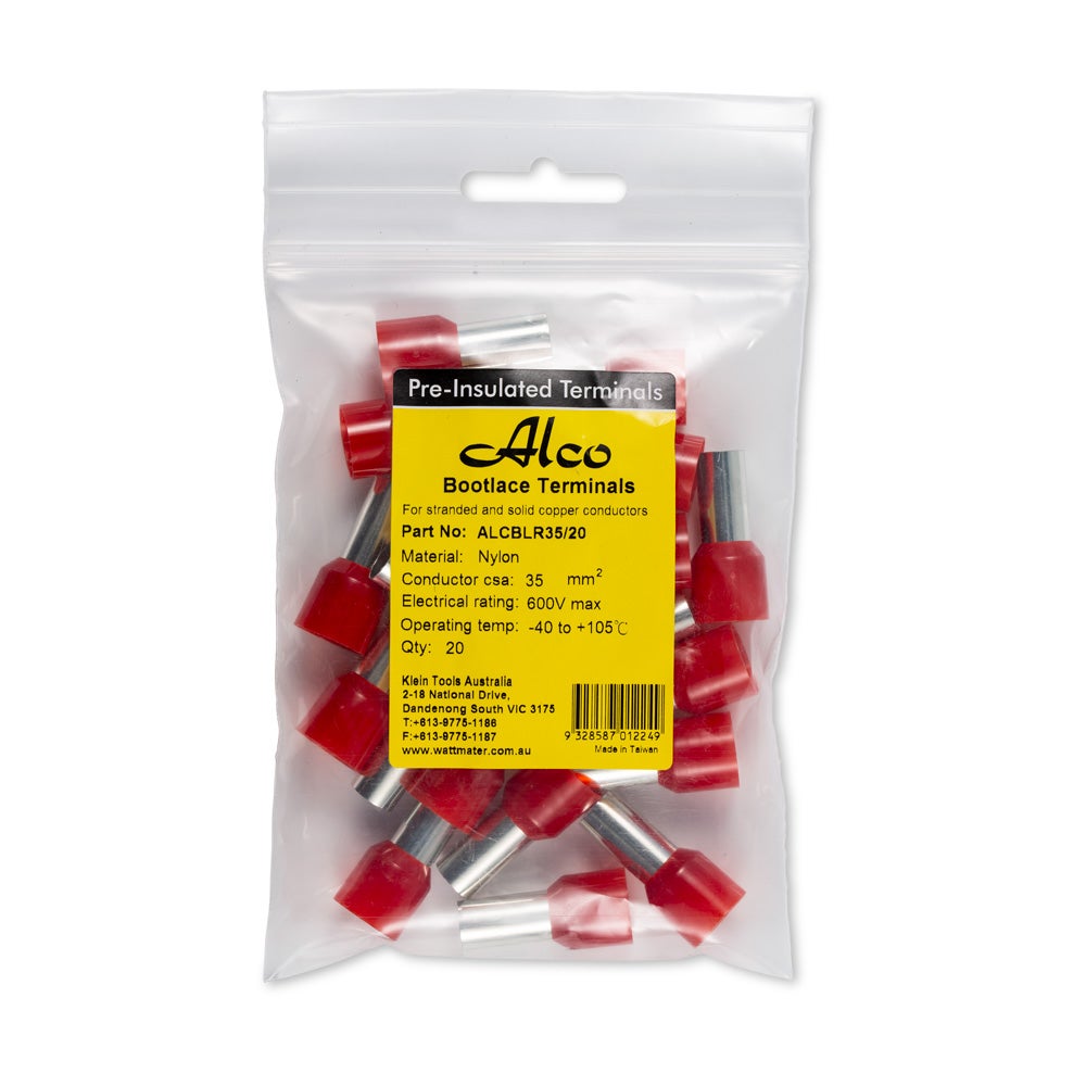 Bootlace Terminal Pre-Insulated Red 35mm² Length 16mm 20 Pack | Alco