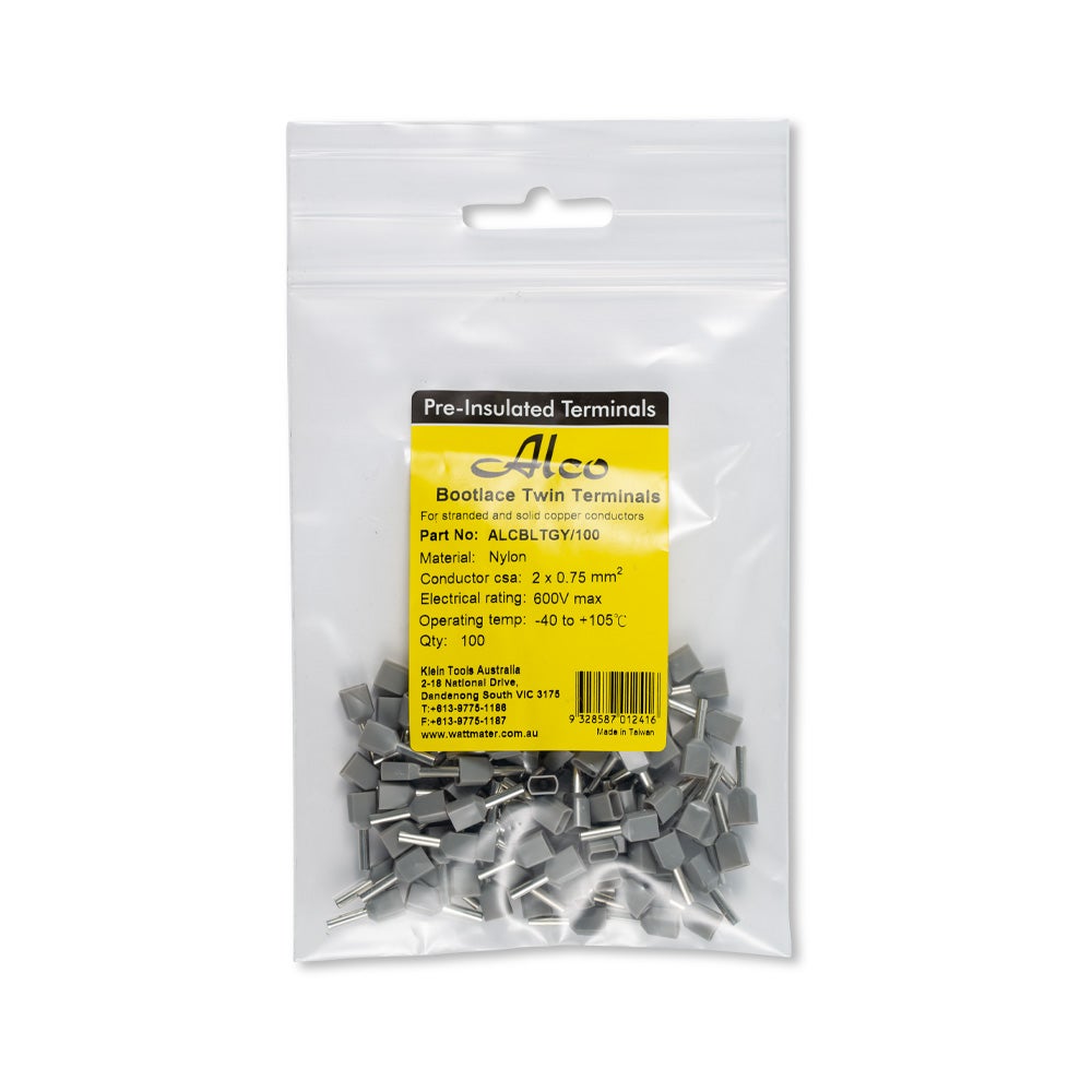 Bootlace Terminal Pre-Insulated Twin Grey 2x 0.75mm² 100 Pack | Alco