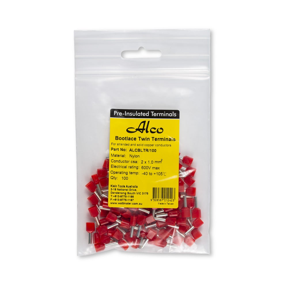 Bootlace Terminal Pre-Insulated Twin Red 2x 1mm² 100 Pack | Alco