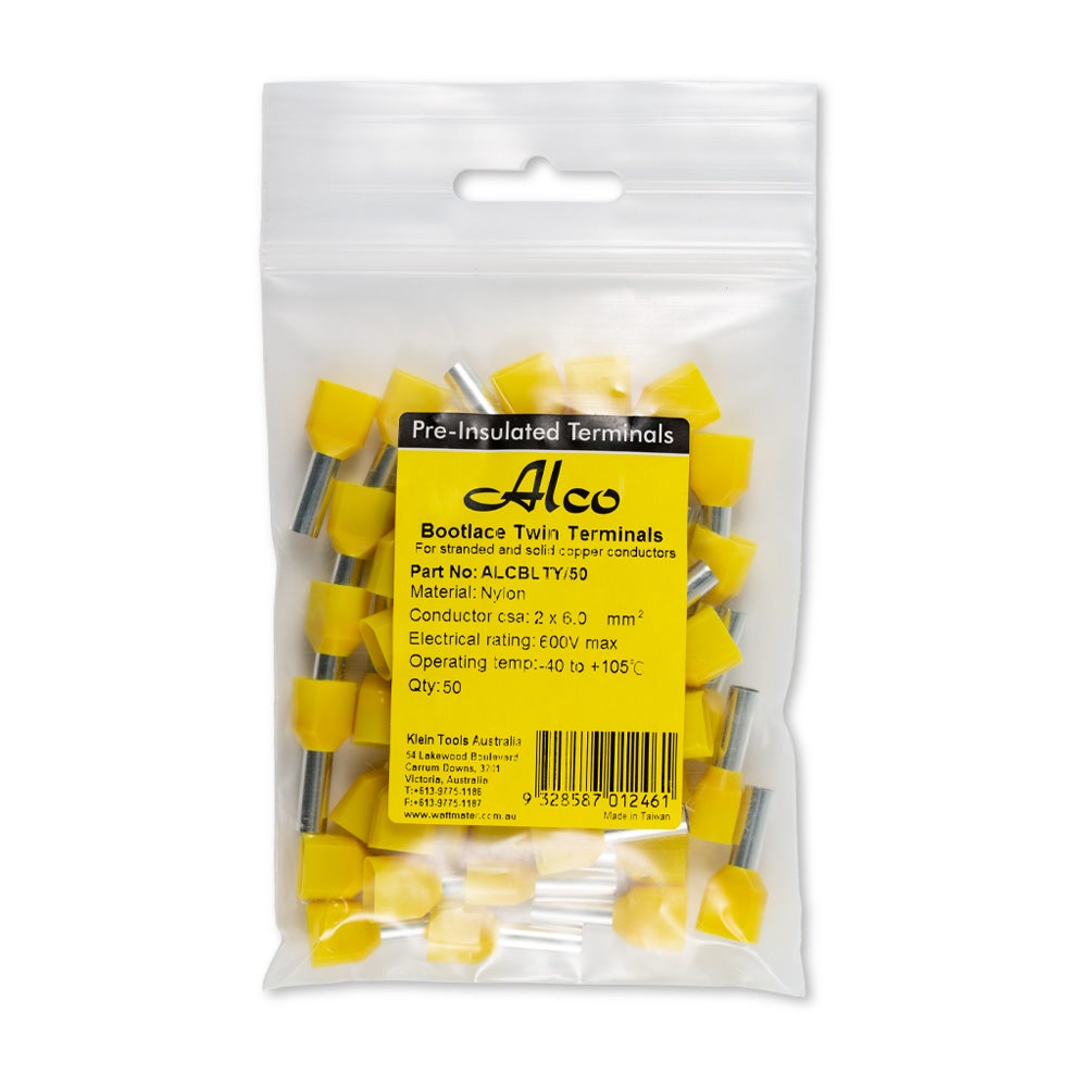 Bootlace Terminal Pre-Insulated Twin Yellow 2x 6mm² 100 Pack | Alco