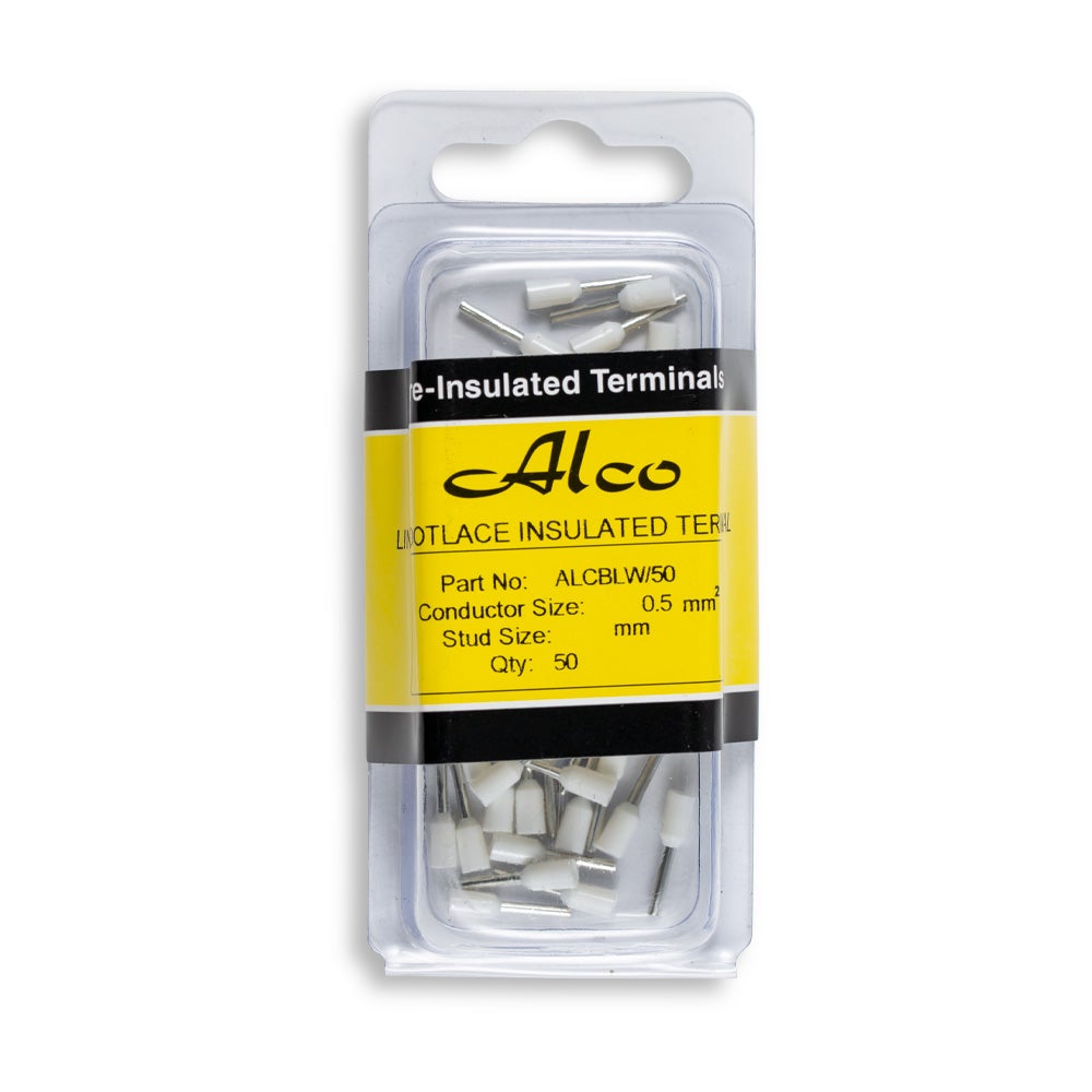 Bootlace Terminal Pre-Insulated White 0.5mm² Length 6mm 50 Pack | Alco
