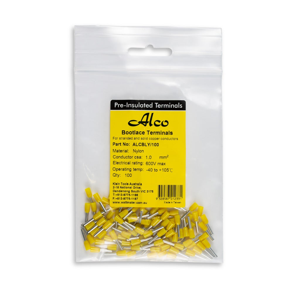 Bootlace Terminal Pre-Insulated Yellow 1mm² Length 6mm 100 Pack | Alco