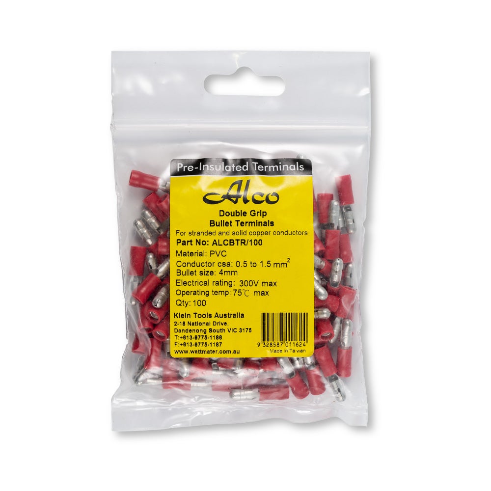 Crimp Terminal Pre-Insulated Bullet 4mm 0.5-1.5mm² Red 100 Pack | Alco