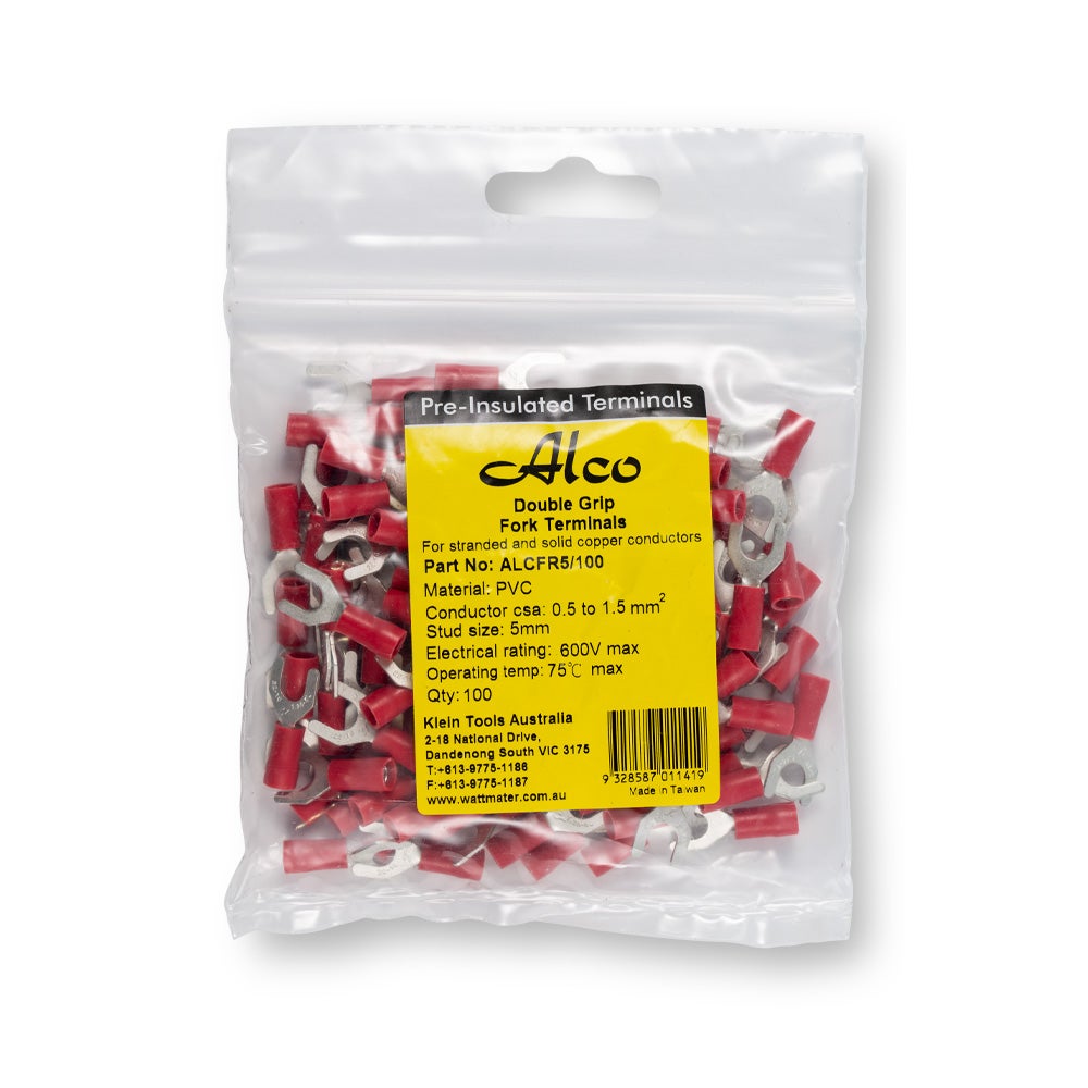 Crimp Terminal Pre-Insulated Fork 5mm Cable 0.5-1.5mm² Red 100 Pack | Alco