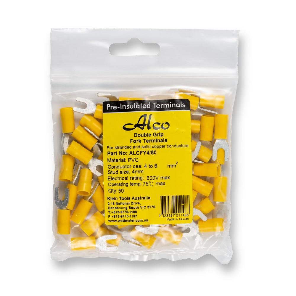 Crimp Terminal Pre-Insulated Fork 4mm Cable 4-6mm² Yellow 50 Pack | Alco