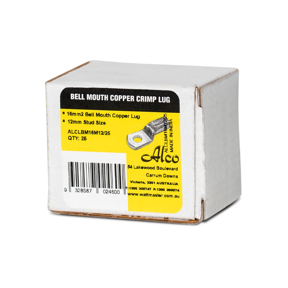 Crimp Lug Copper Bell Mouth Non-Insulated 16mm² M12 Stud | Alco