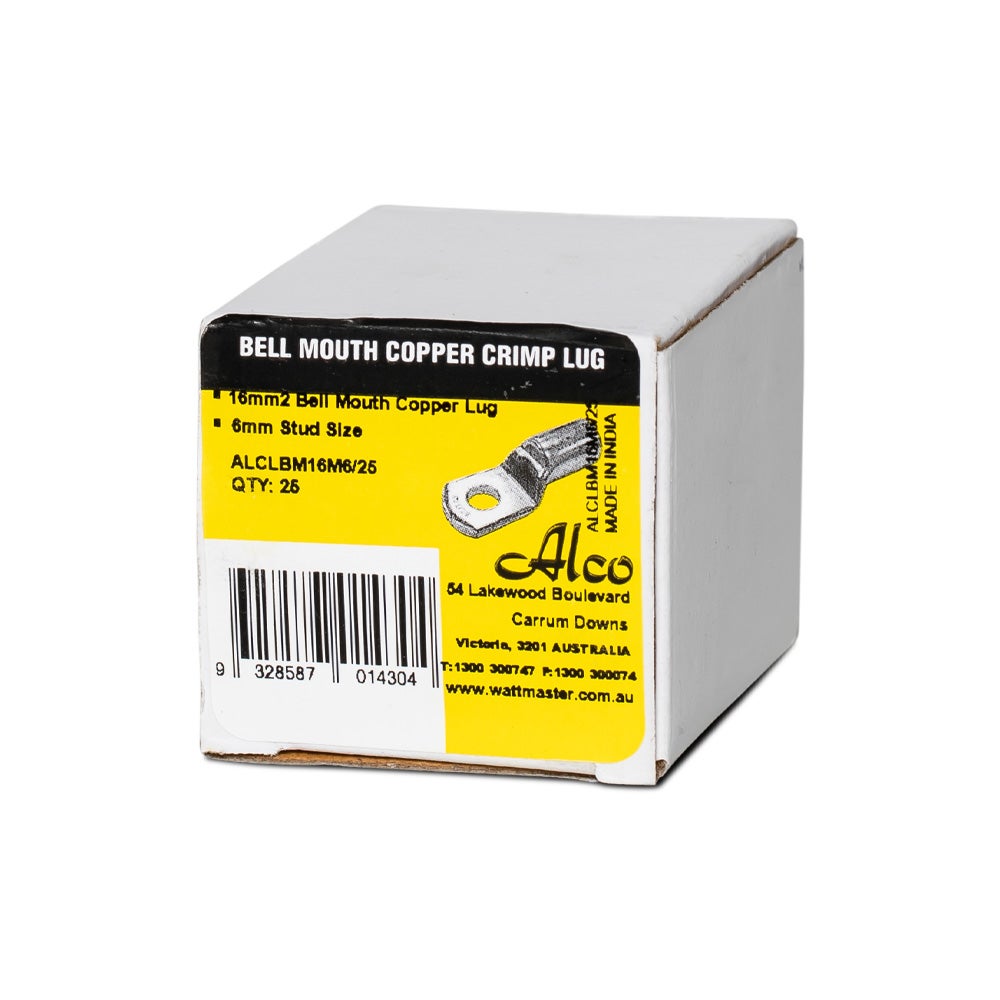 Crimp Lug Copper Bell Mouth Non-Insulated 16mm² M6 Stud | Alco