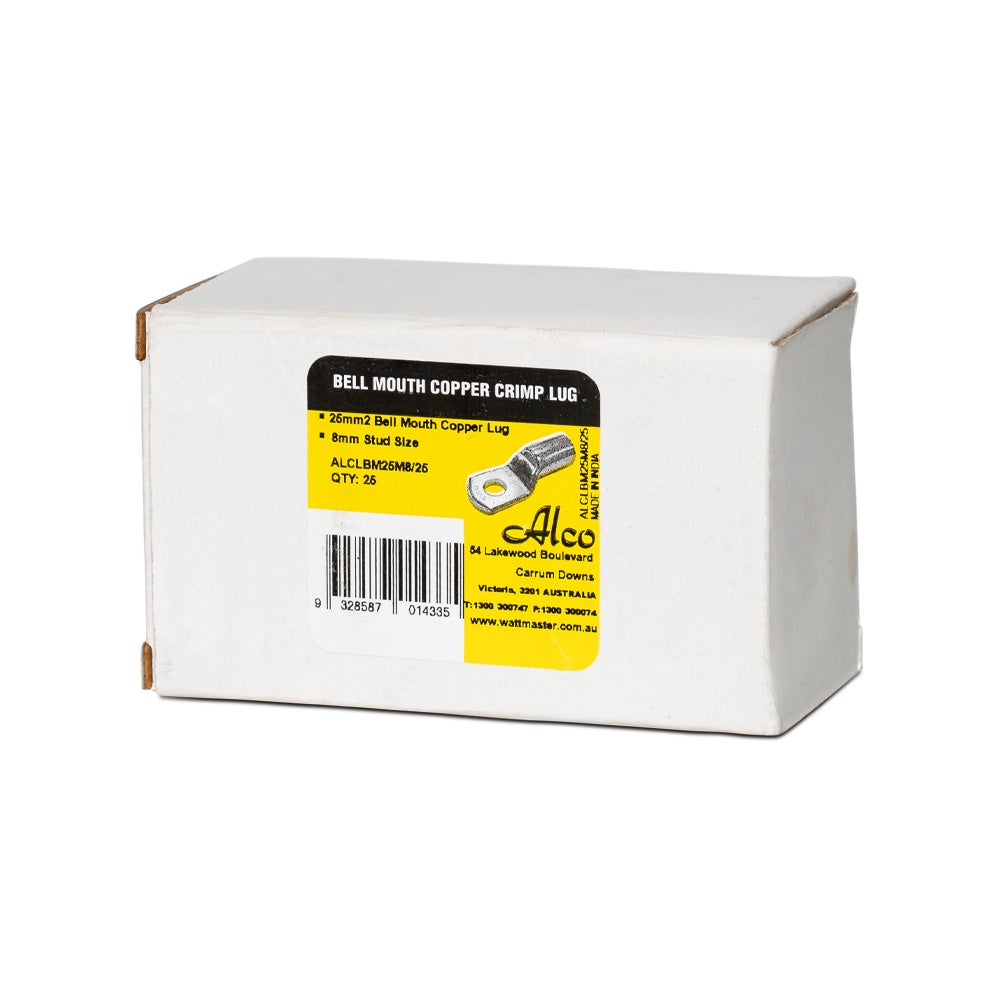 Crimp Lug Copper Bell Mouth Non-Insulated 25mm² M8 Stud | Alco